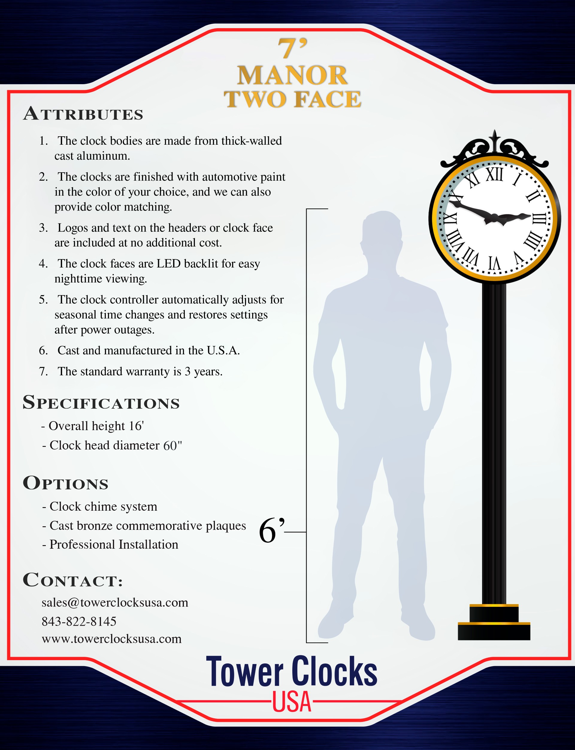 Manor Post Clock - Two Face Street Clock | TOWER CLOCKS USA